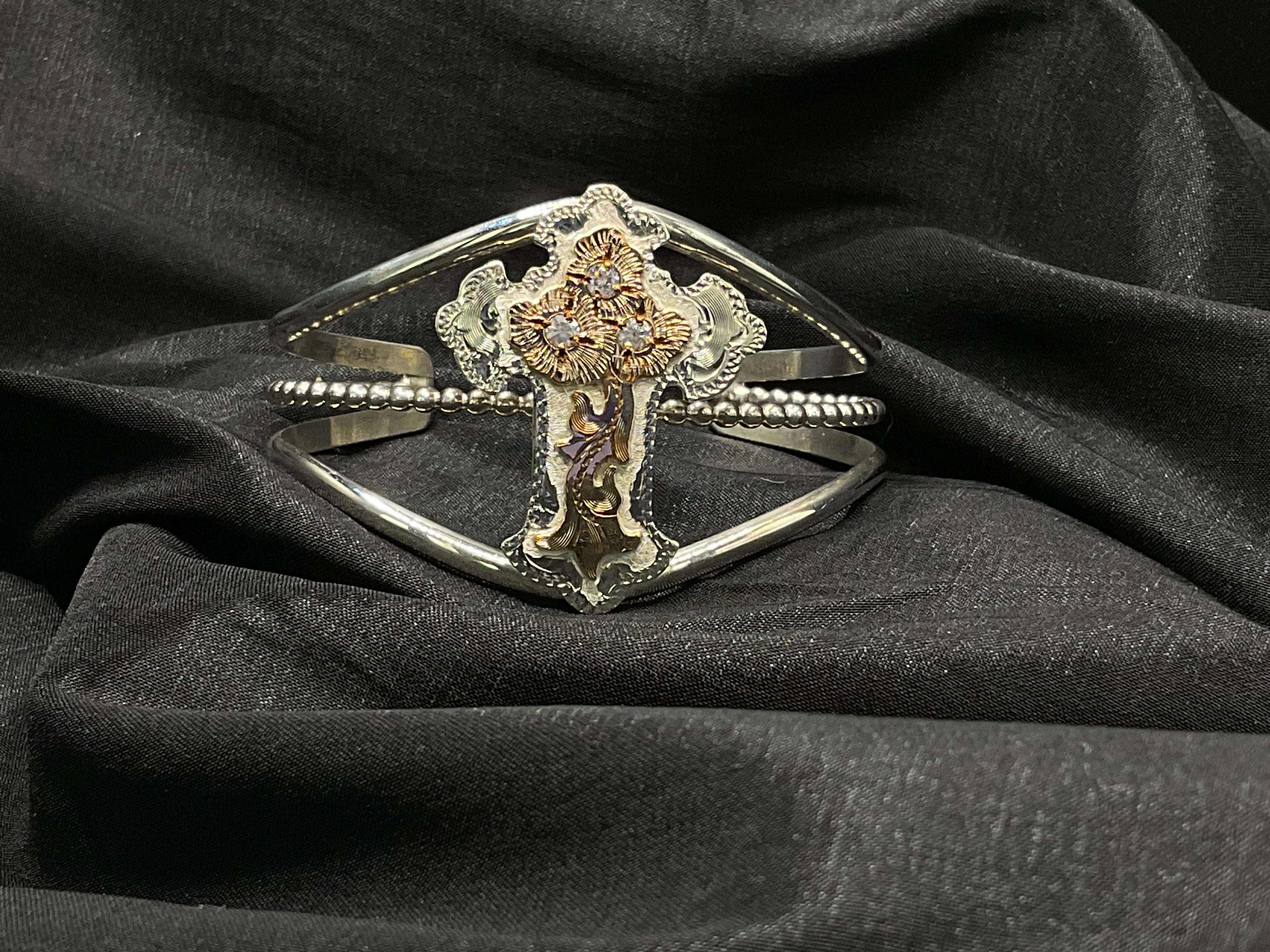 Silver By Wanda Bracelet Cuff #B45CZ gold cross with clear CZ stones ...